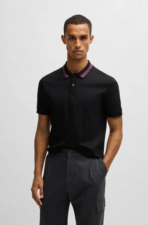 BOSS Mercerized-cotton Slim-fit Polo Shirt With Collar Stripe - Black