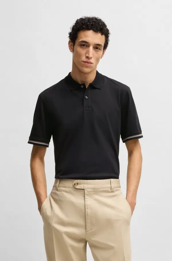 BOSS Mercerized-cotton Regular-fit Polo Shirt With Stripe Trims - Black