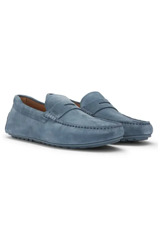BOSS Penny-trim Moccasins In Suede - Light Blue