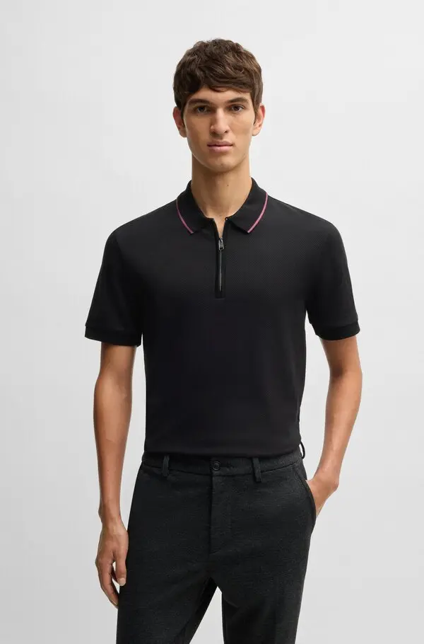 BOSS Structured-cotton Polo Shirt With Zip Placket - Black