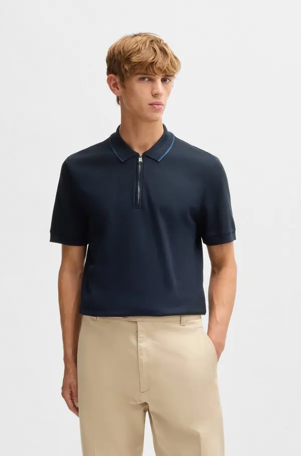 BOSS Structured-cotton Polo Shirt With Zip Placket - Dark Blue