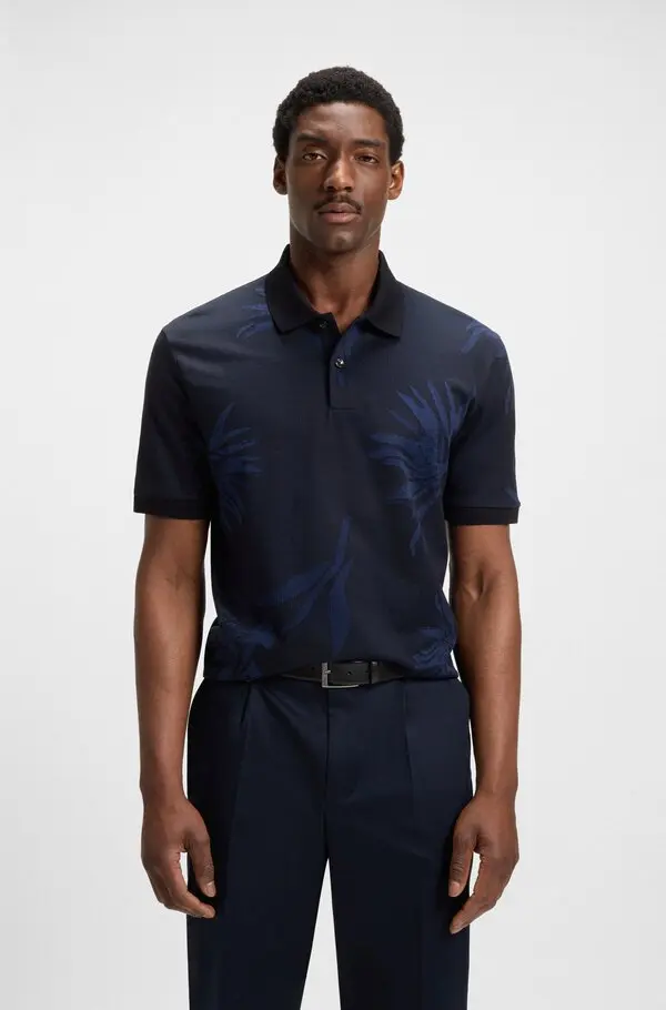 BOSS Mercerized-cotton Polo Shirt With Floral Jacquard - Dark Blue