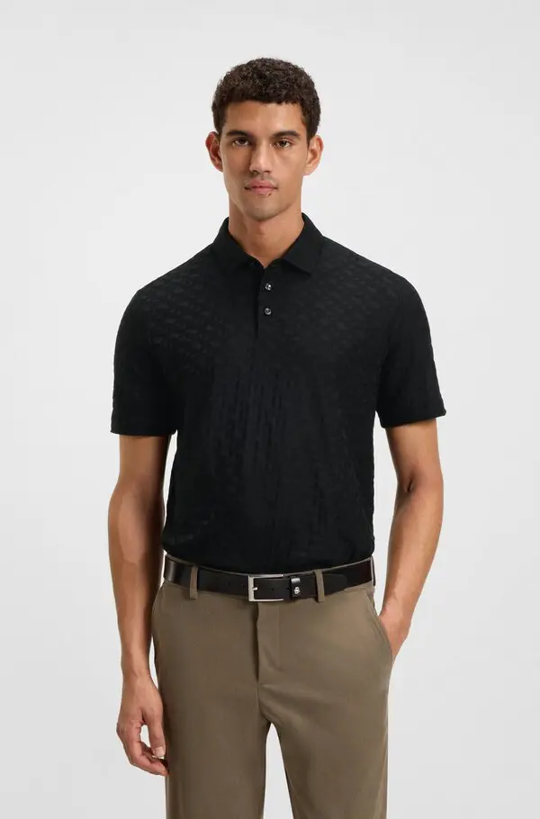 BOSS Cotton Polo Shirt With Tonal Monogram Jacquard - Black