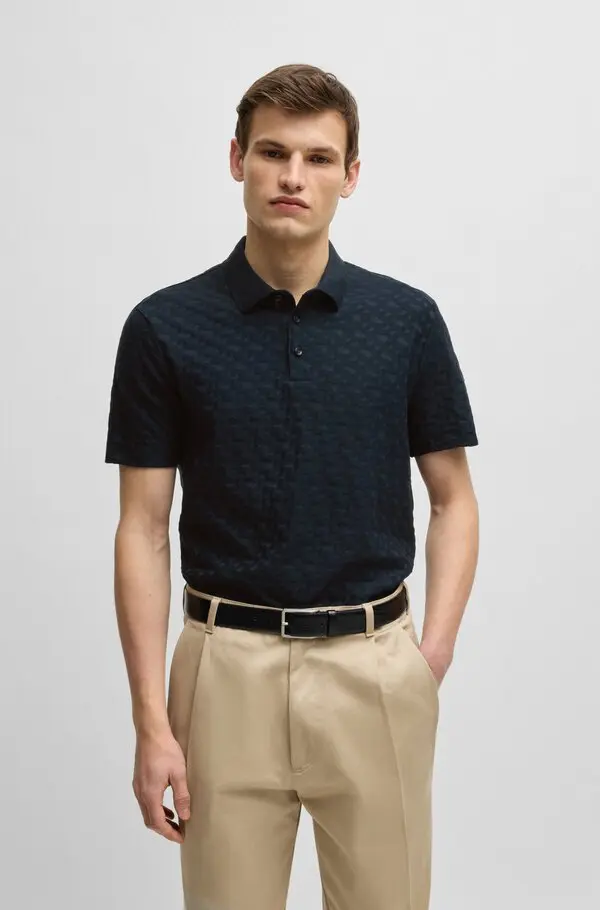 BOSS Cotton Polo Shirt With Tonal Monogram Jacquard - Dark Blue