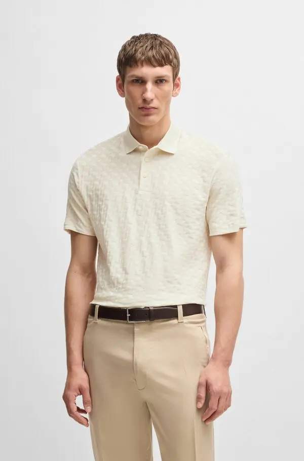 BOSS Cotton Polo Shirt With Tonal Monogram Jacquard - White