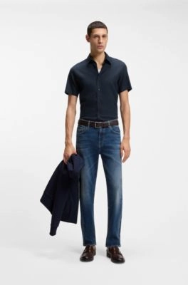 BOSS Slim-fit Shirt In Stretch Linen - Dark Blue