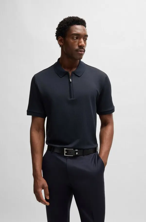 BOSS Polo Shirt With Seersucker Structure - Dark Blue