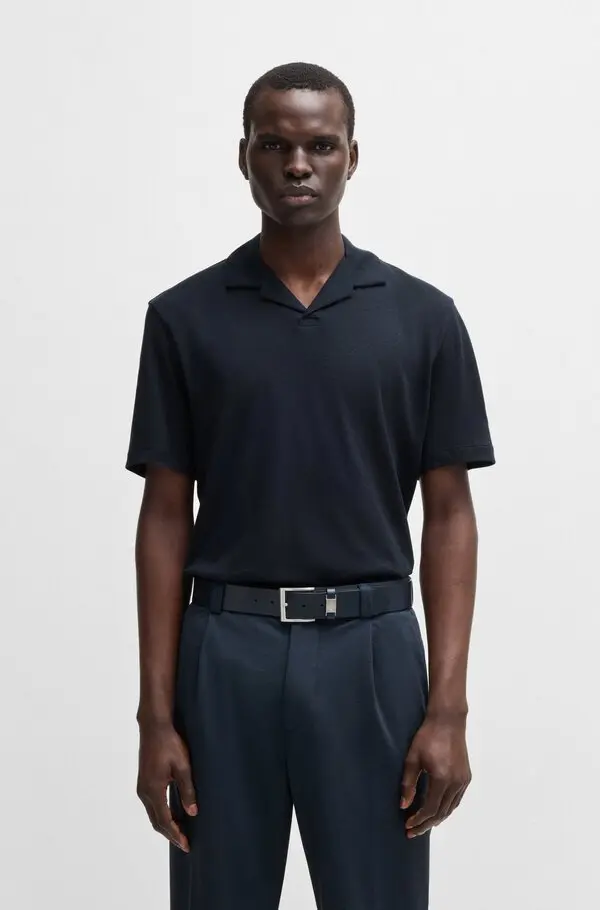 BOSS Cotton-linen Polo Shirt With Johnny Collar - Dark Blue