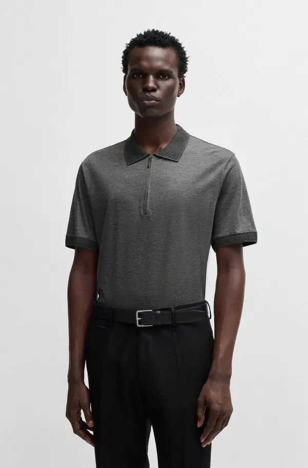 BOSS Zip-placket Polo Shirt In Cotton And Silk - Grey