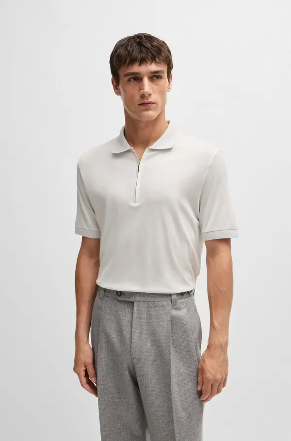BOSS Zip-placket Polo Shirt In Cotton And Silk - White