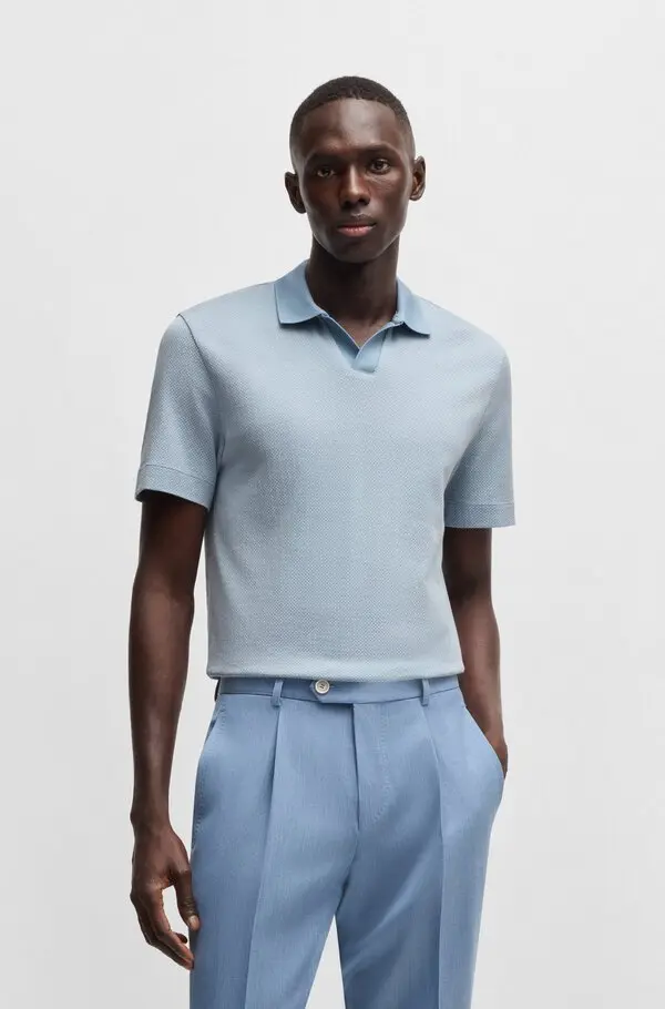 BOSS Dot-pattern Polo Shirt In Cotton And Silk - Light Blue