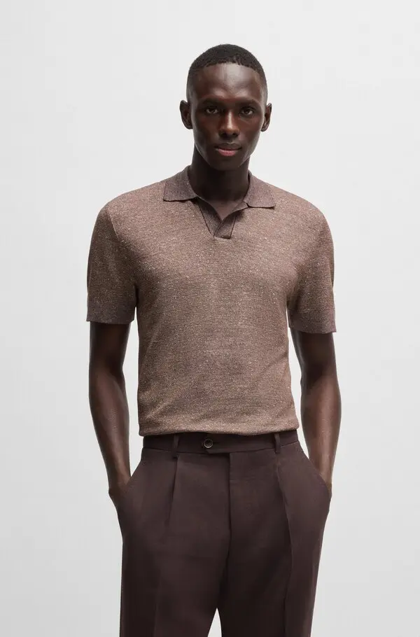 BOSS Johnny-collar Polo Shirt In Cotton, Linen And Silk - Dark Brown