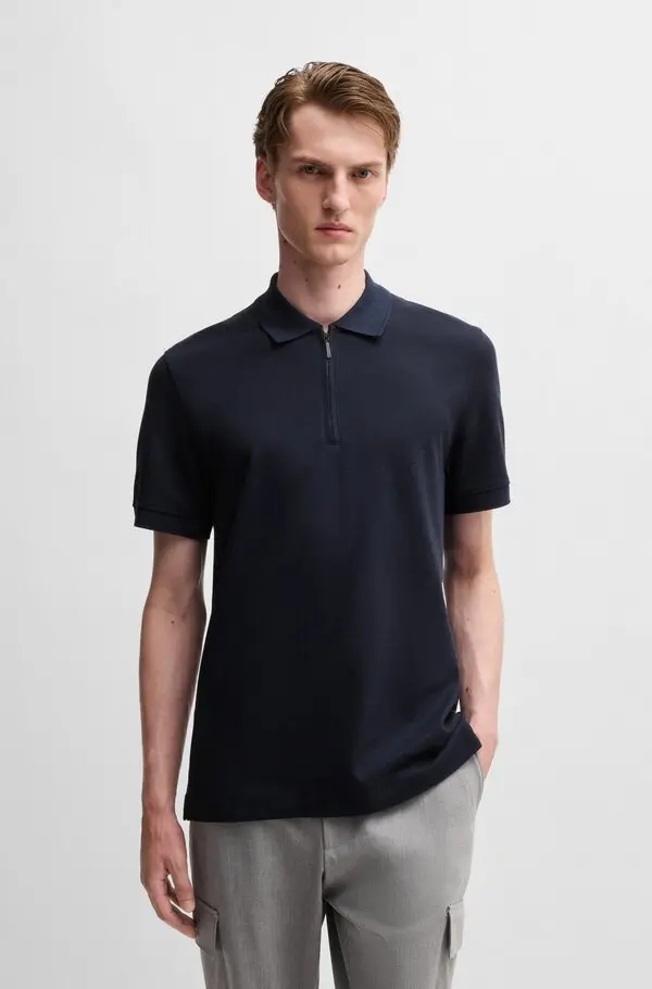 BOSS Zip-neck Polo Shirt In Cotton And Cashmere - Dark Blue