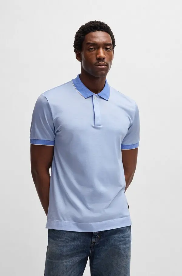 BOSS Cotton-silk Polo Shirt With Structured Trims - Turquoise