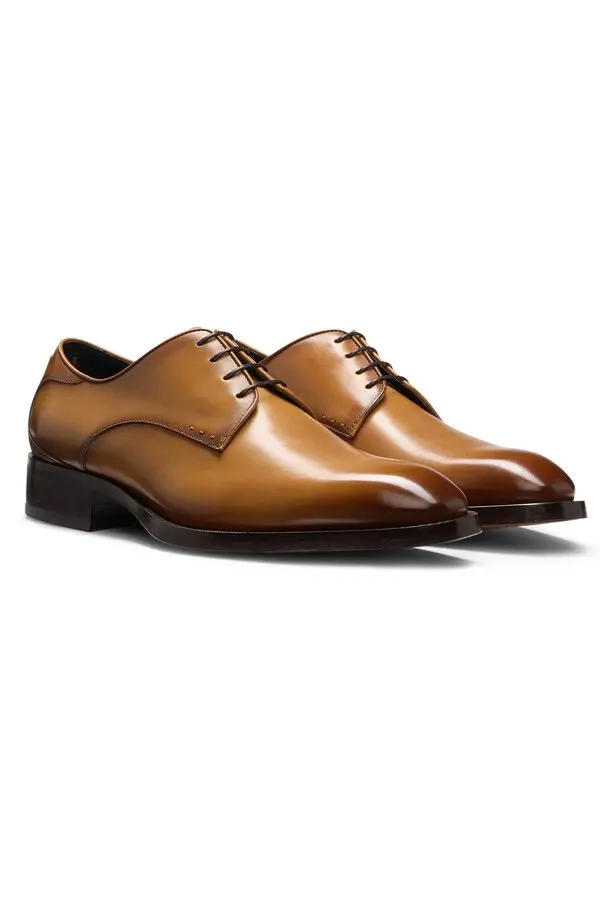 BOSS Burnished-leather Derby Shoes With Stitch Details - Brown