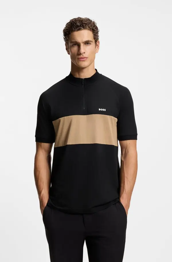BOSS Active Polo Shirt With Block Stripe - Black