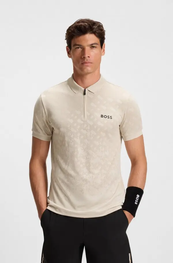 BOSS Active Quick-dry Polo Shirt With Gradient Monogram Jacquard - Light Beige
