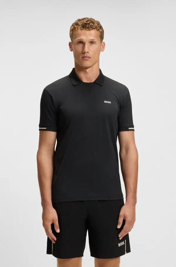 BOSS Stretch-mesh Polo Shirt With Modern Placket - Black
