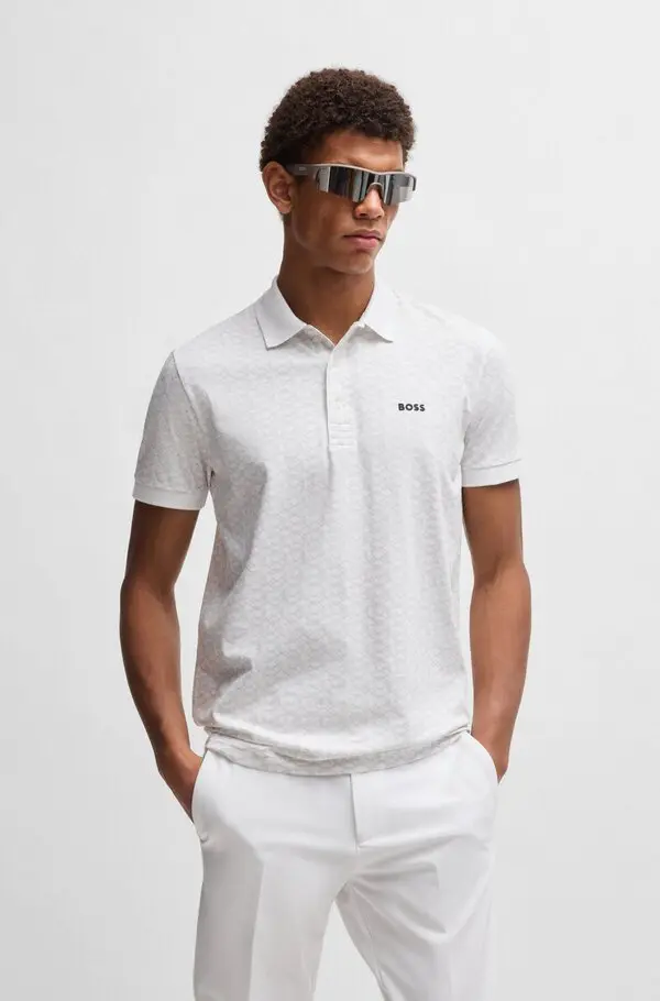 BOSS Paddy Polo Shirt In Stretch Cotton With Printed Pattern - White
