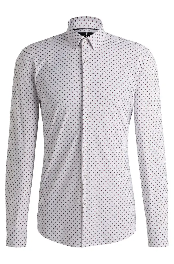 BOSS Slim-fit Shirt In Geometric-print Performance-stretch Jersey - Dark Pink