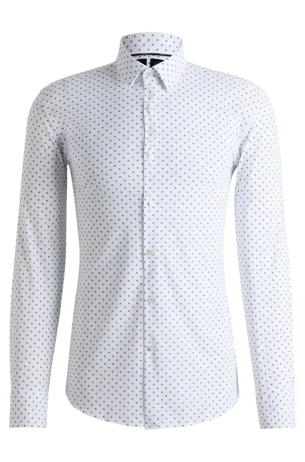 BOSS Slim-fit Shirt In Geometric-print Performance-stretch Jersey - Light Blue