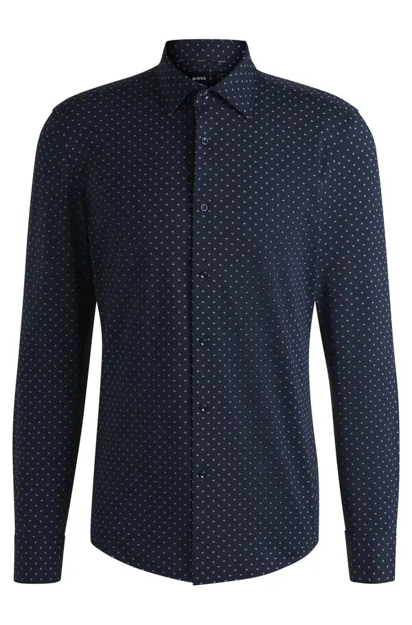 BOSS Slim-fit Shirt In Geometric-print Performance-stretch Fabric - Dark Blue
