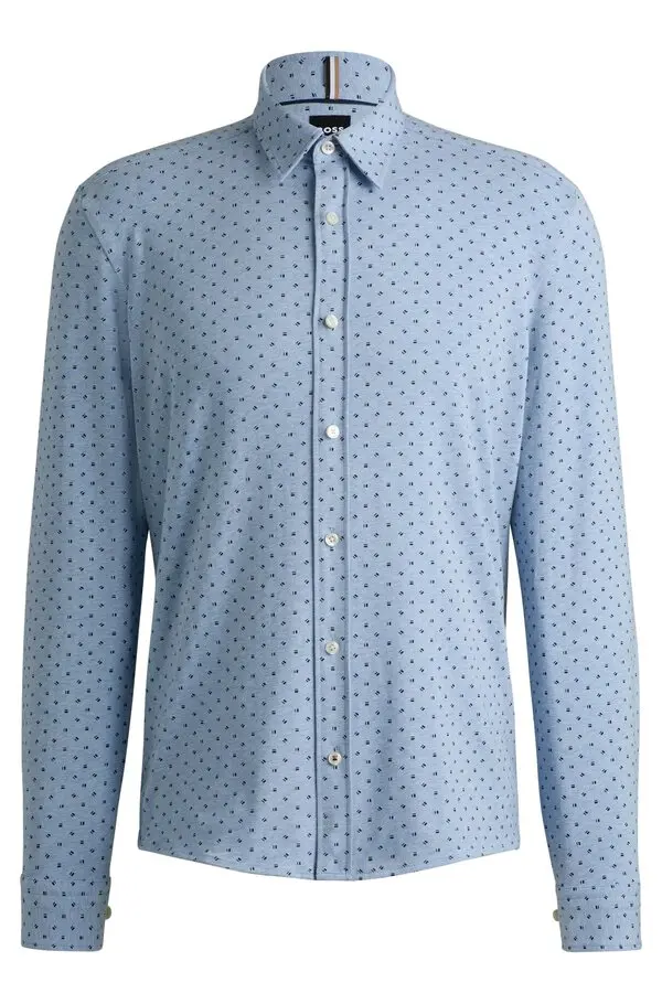 BOSS Slim-fit Shirt In Printed Stretch-cotton Jersey - Light Blue