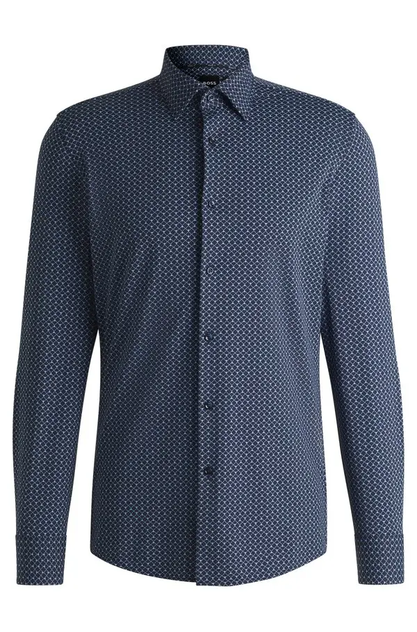 BOSS Slim-fit Shirt In Printed Performance-stretch Material - Dark Blue