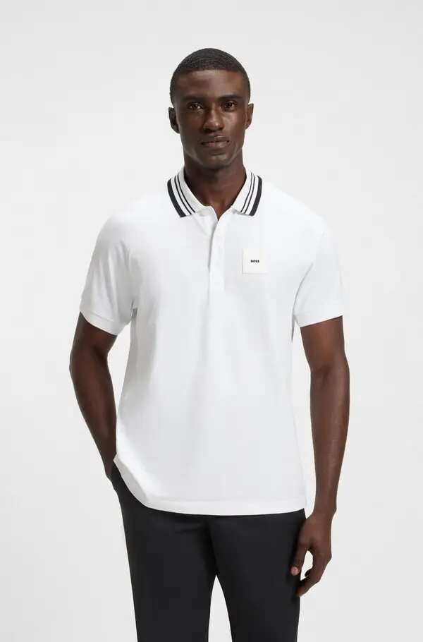 BOSS Paddy Stretch-cotton Polo Shirt With Striped Collar - White