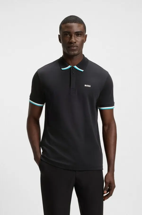 BOSS Paddy Knit Polo Shirt In Cotton With Striped Trims - Black