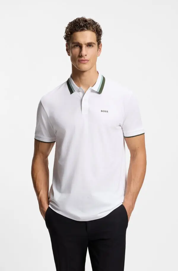BOSS Paddy Active Polo Shirt With Contrast Stripes - White