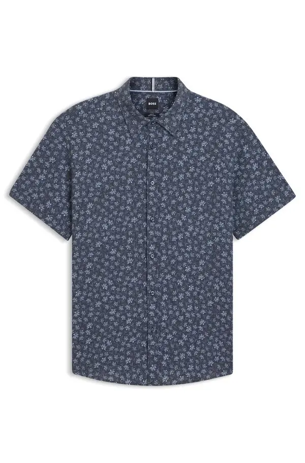 BOSS Slim-fit Shirt In Floral-print Stretch Linen - Dark Blue