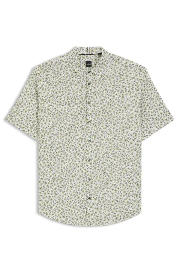 BOSS Slim-fit Shirt In Floral-print Stretch Linen - Green