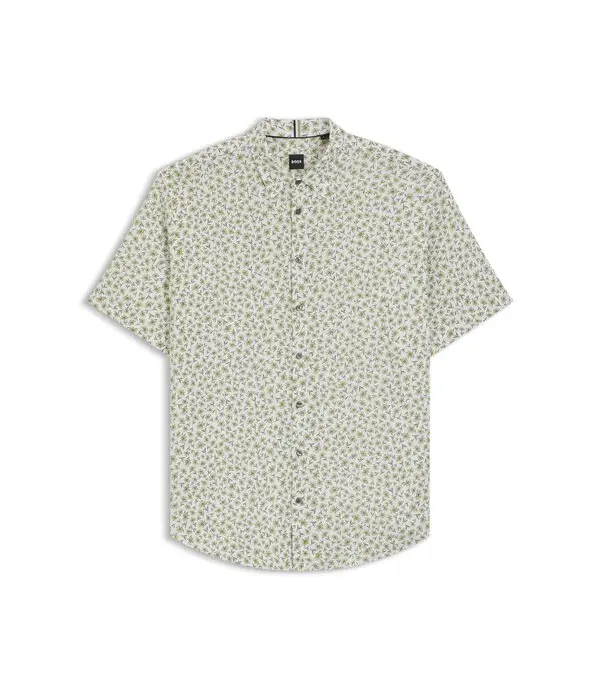 BOSS Slim-fit Shirt In Floral-print Stretch Linen - Green