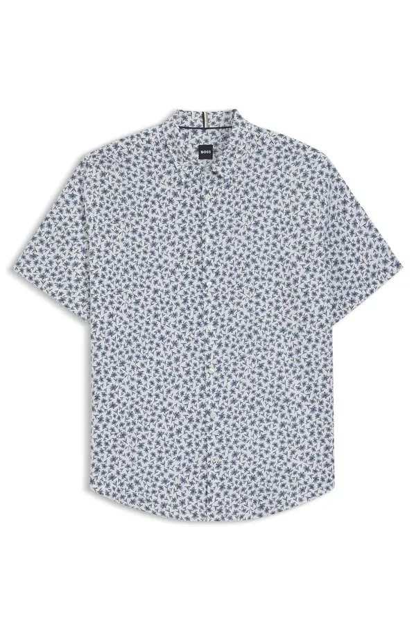 BOSS Slim-fit Shirt In Floral-print Stretch Linen - Light Blue