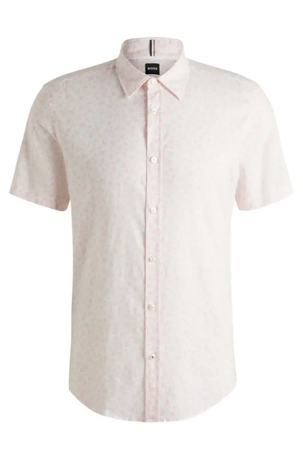 BOSS Slim-fit Shirt In Floral-print Stretch Linen - Light Pink