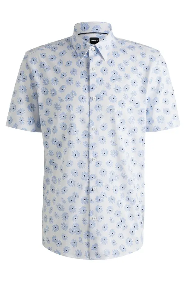 BOSS Slim-fit Shirt In A Floral-print Cotton Blend - Light Blue