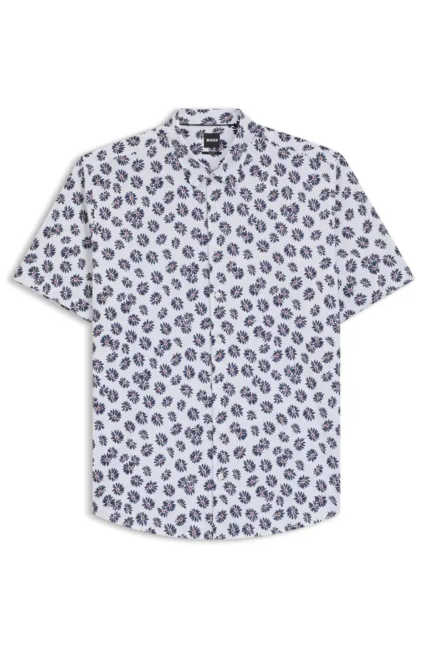 BOSS Slim-fit Shirt In Floral-print Cotton - Dark Blue