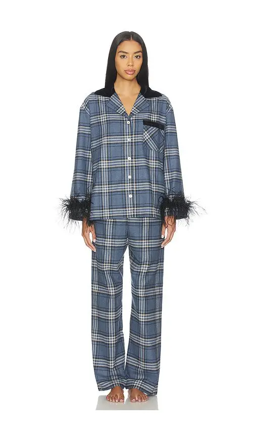 Sleeper Checked Cotton-flannel Set With Detachable Feathers In Blue - Navy Checkered