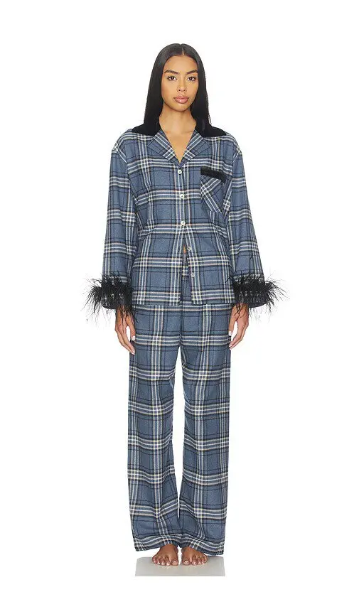 Sleeper Checked Cotton-flannel Set With Detachable Feathers In Blue - Navy Checkered
