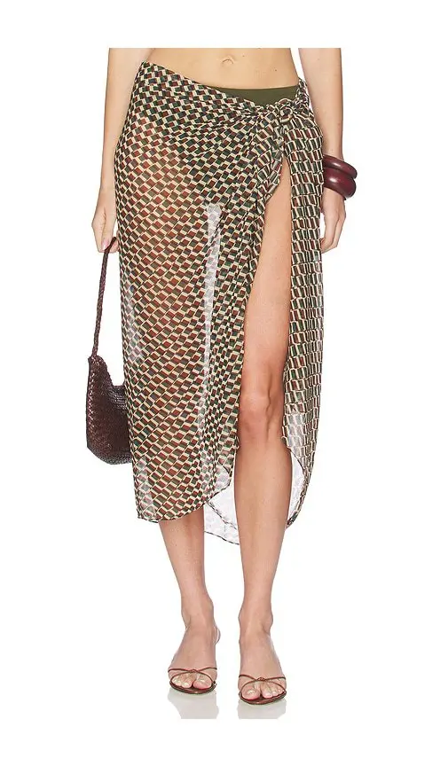 AWAY THAT DAY Santorini Sarong In Cream,olive - Ivy Green Geo Print