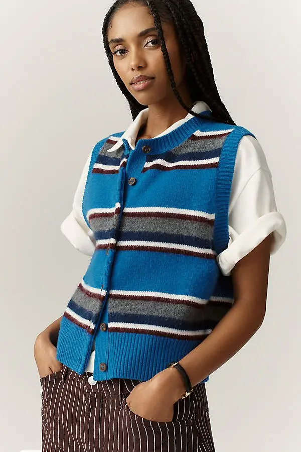 DAMSON MADDER Button-front Sweater Vest - Blue Stripe