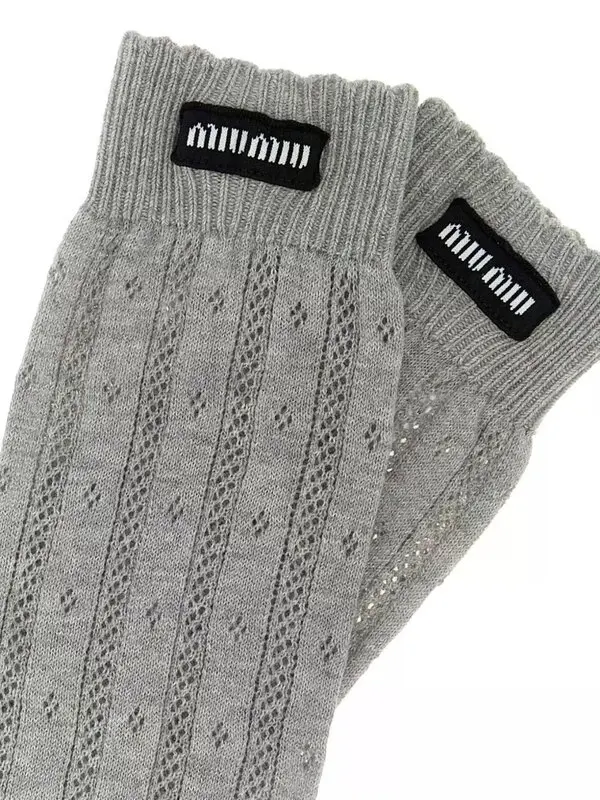 Miu Miu Cotton Knee High Socks With Openwork Motif And Logo Patch