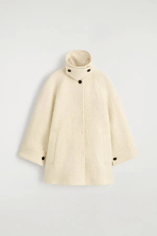 Cos Mock-neck Wool-herringbone Short Coat - Beige