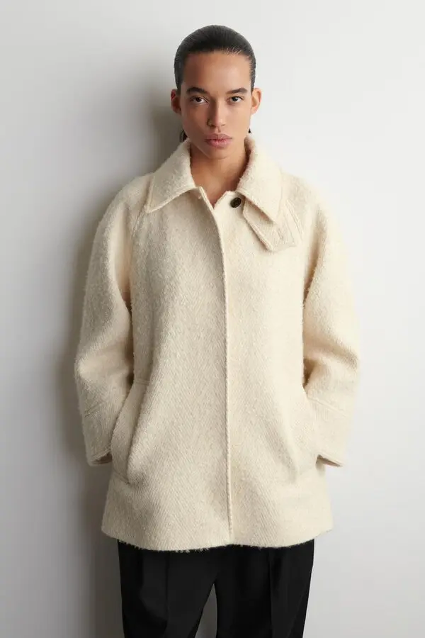 Cos Mock-neck Wool-herringbone Short Coat - Beige