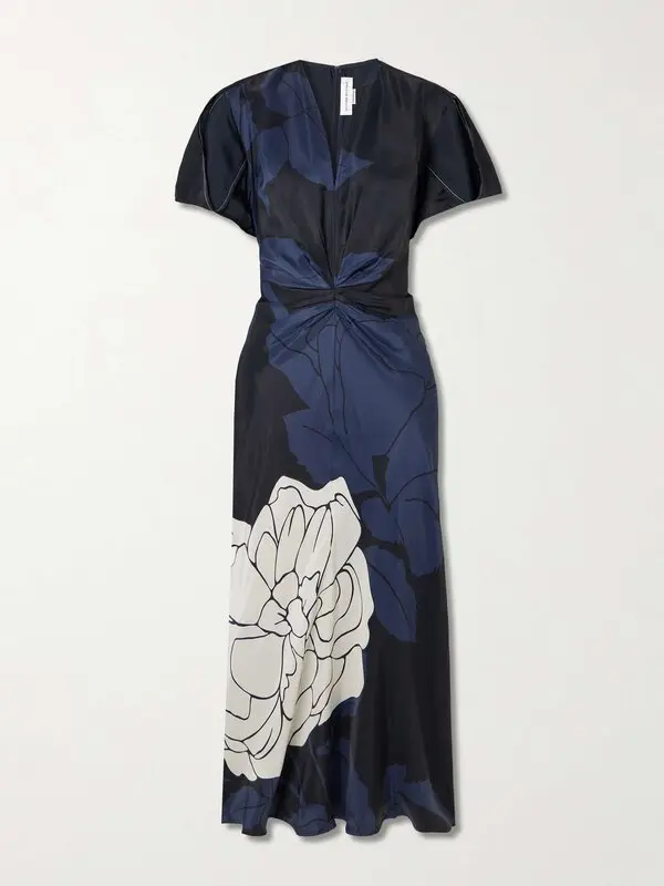 Victoria Beckham Eve Layered Gathered Floral-print Satin Midi Dress
