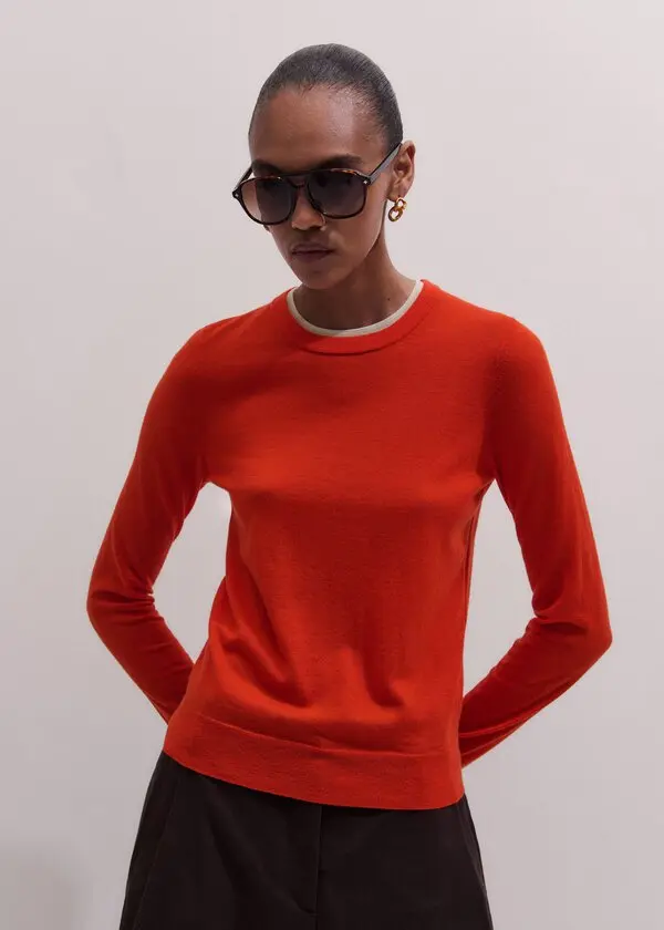 ME+EM Barely There Contrast Trim Jumper - Orange/soft White