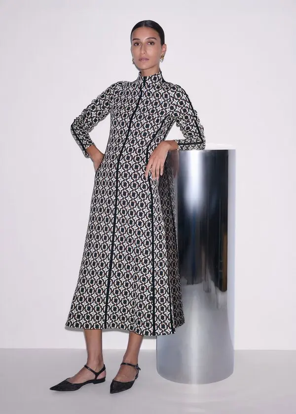 ME+EM Graphic Jacquard Fit And Flare Midi Dress - Navy Multi