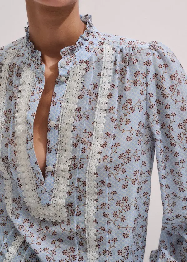 ME+EM Scallop Daisy Print Trim Detail Blouse With Tie - Blue Multi
