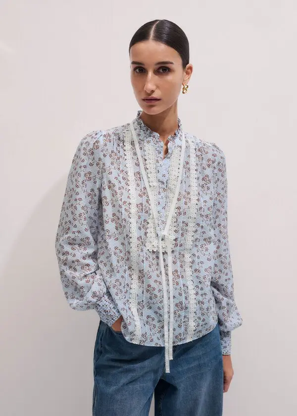 ME+EM Scallop Daisy Print Trim Detail Blouse With Tie - Blue Multi